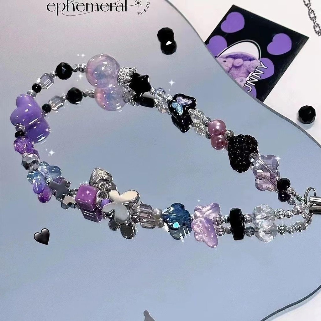 INS Purple Love Heart Butterfly Crucifix Beaded Mobile Phone Chain ...