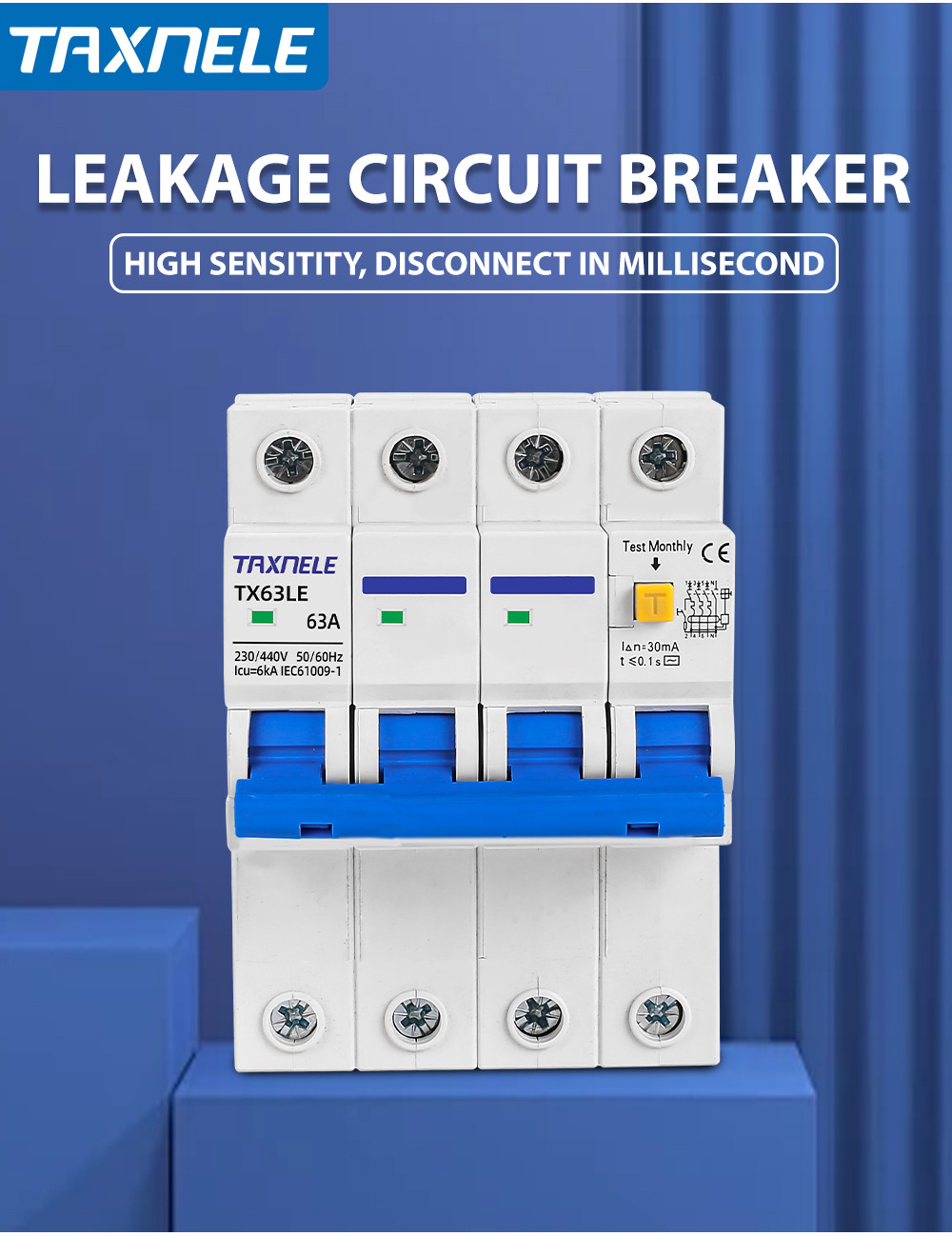 RCBO 63A 380V 4P Residual Current Circuit Breaker MCB 30mA Overload ...