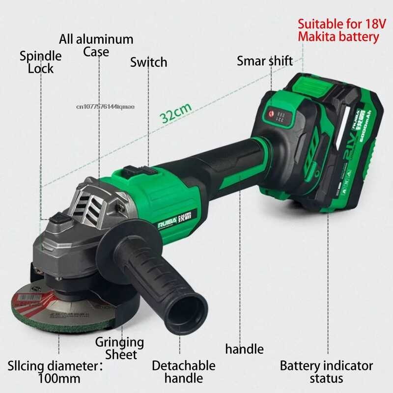 RUIBA Angle Grinder 100Mm Brushless M10 3 Gears Cordless Grinding Hine ...