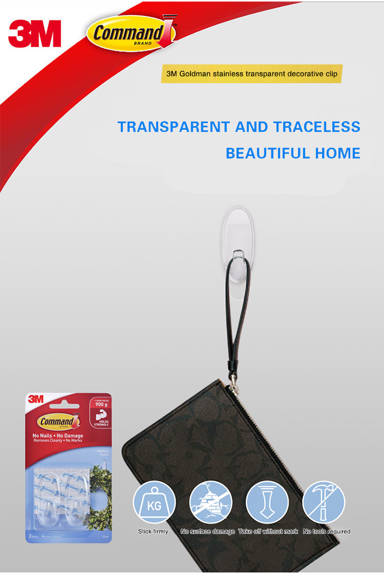 3M Small / Medium 2 Pcs Non-Trace Transparent Hook Paste Firmly Remove ...