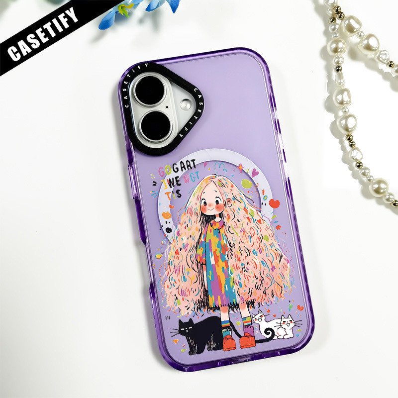 Color Graffiti Cat Girl Wireless Magnetic Charging Case For IPhone16 ...