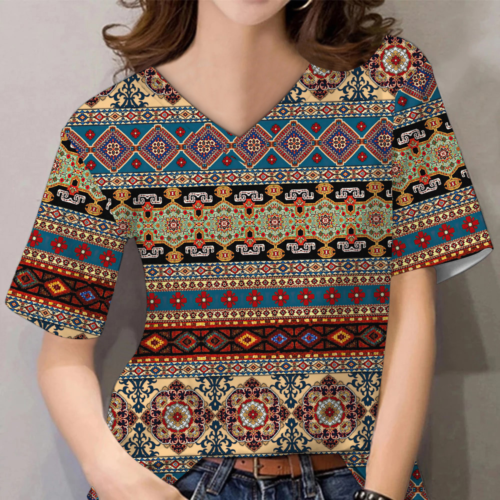 Retro Ethnic Style Women's T-Shirt Fully Printed V-Neck Top Summer ...