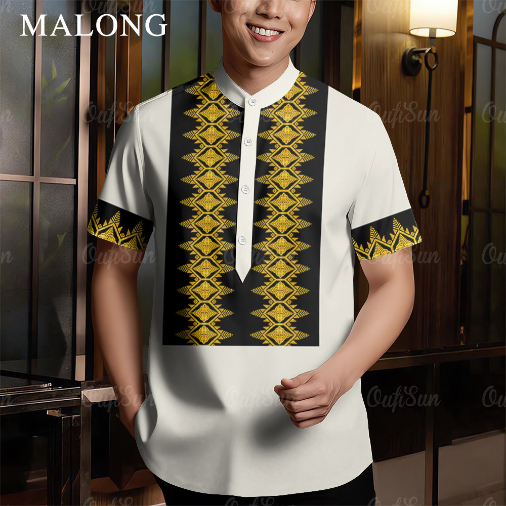 Men's Malong Design Short - Sleeve Ethnic Shirt Stand - Up Collar ...