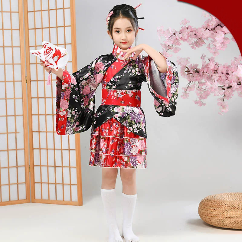 Kids Girls Japanese Kimono Cosplay Costume 3Pcs Summer Short Floral ...
