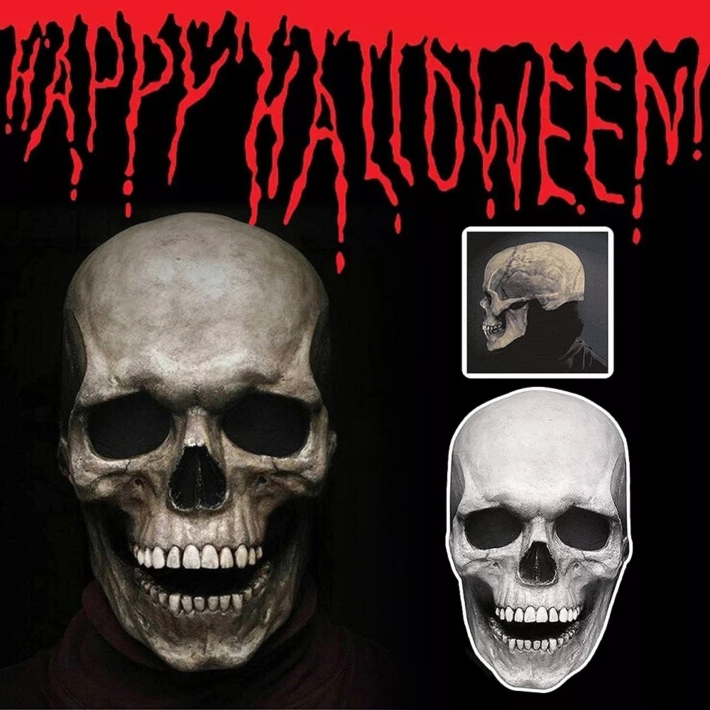 § Halloween Latex Horror Decoration Full Head Skull Helmet Movable Jaw ...