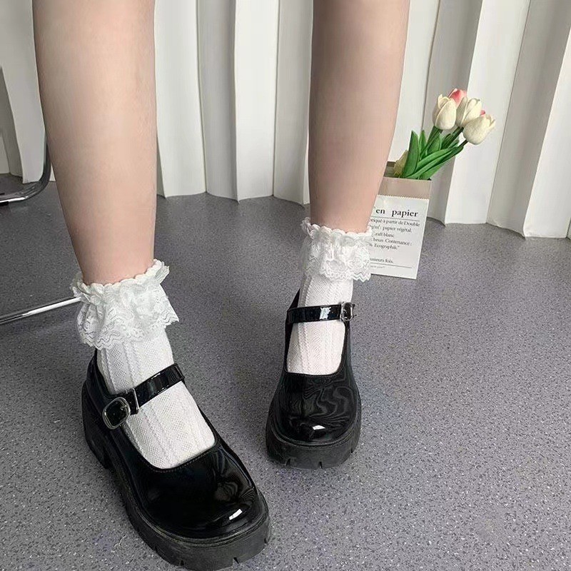 Woman Socks Solid Black White Lolita Lacework Ruffle Socks Summer Thin ...