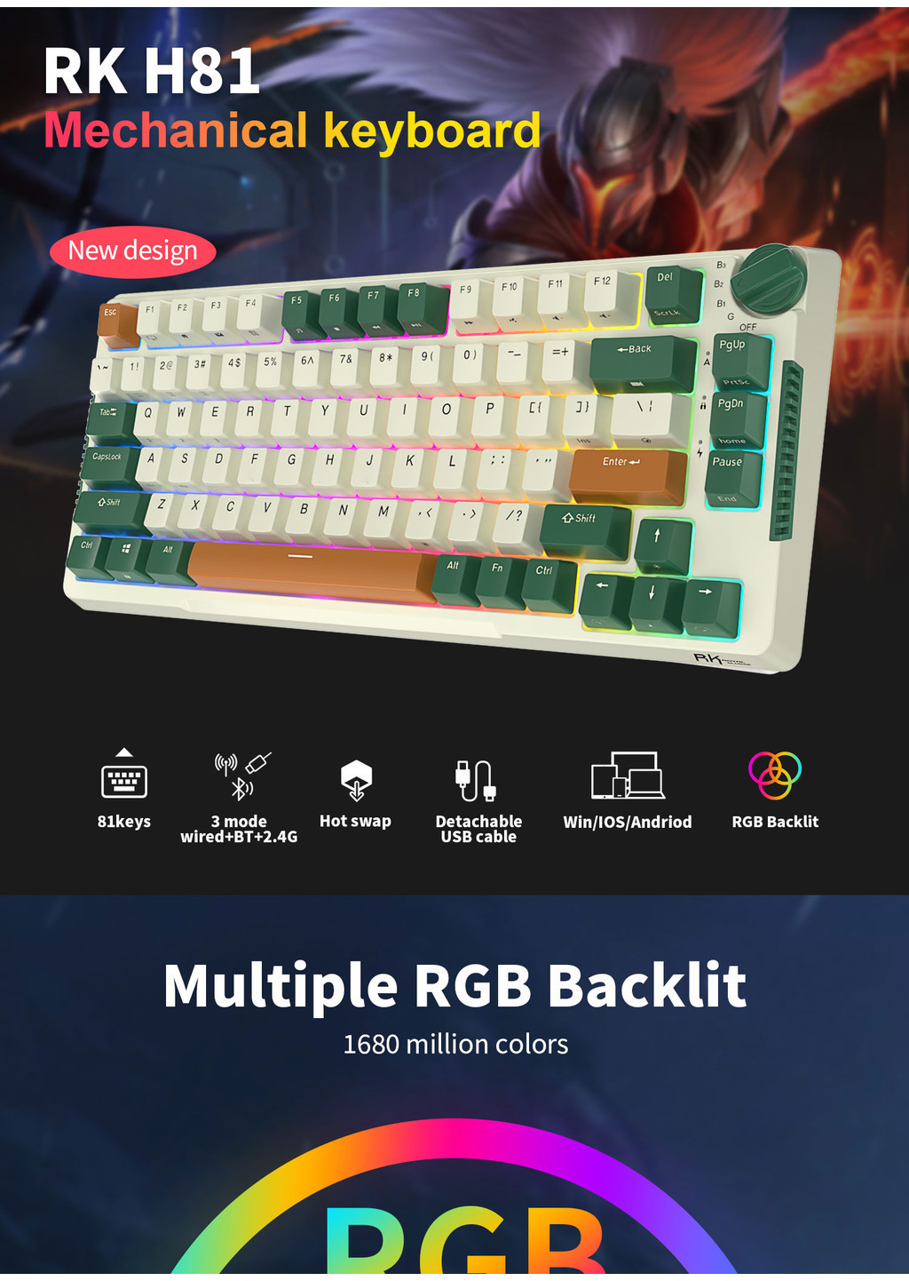 RK H81 Time Machine Color Matching Royal Kludge 81 Key Three Mode ...