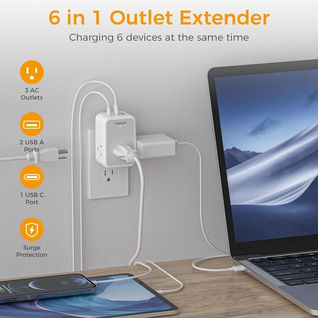 TESSAN Multi Plug Wall Outlet Electrical Outlet Extender with 4 USB (1 ...