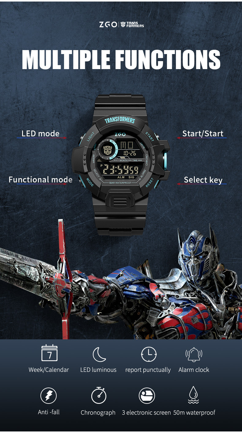 ZGO x Transformers Watch For Men 50M Waterproof LED Alarm Electronic ...