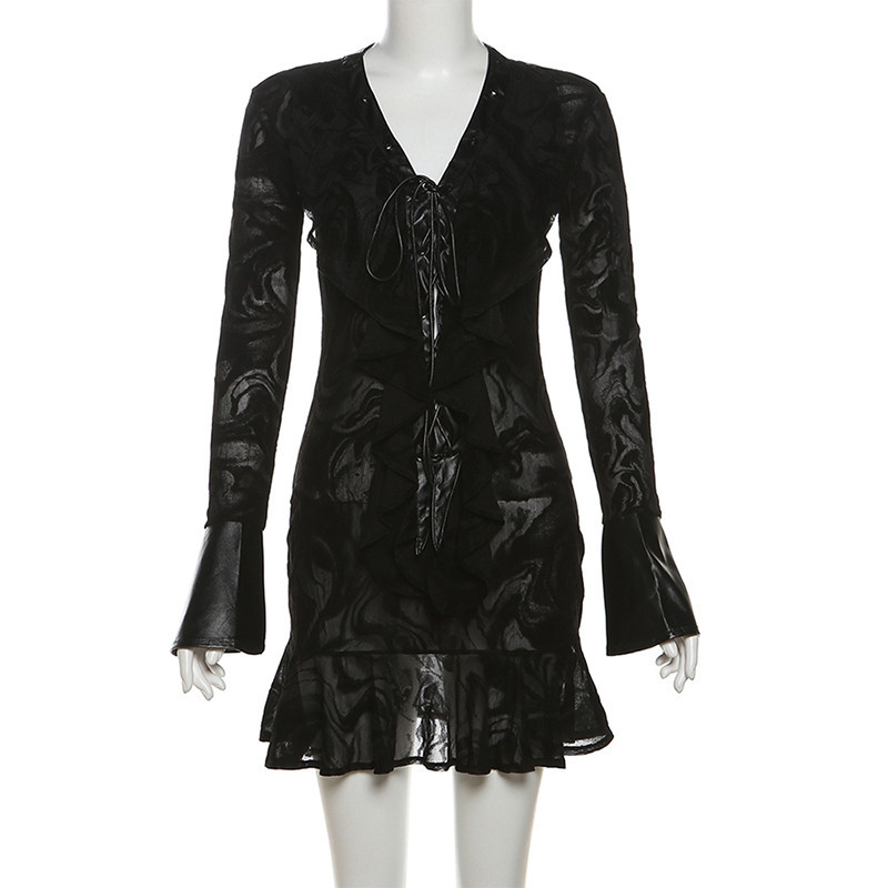 Kliou Dress Dark Groove Deep V Patchwork Leather Vintage Ruffles Long ...