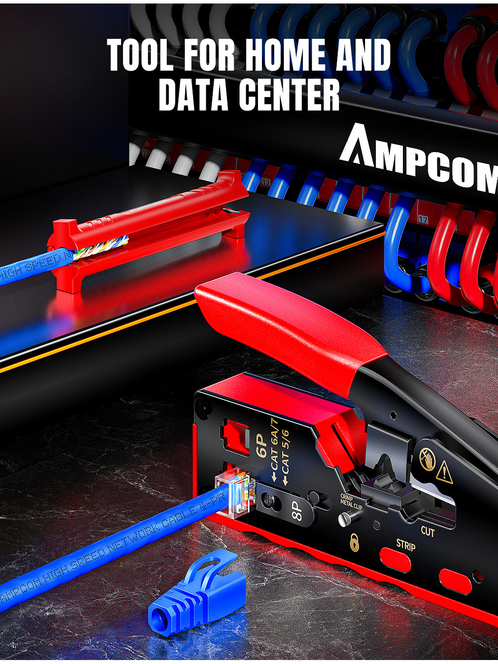 AMPCOM Cat 7 Network Crimping Tool CRIMP/CUT/TRIM/STRIP 4-IN-1 Works ...