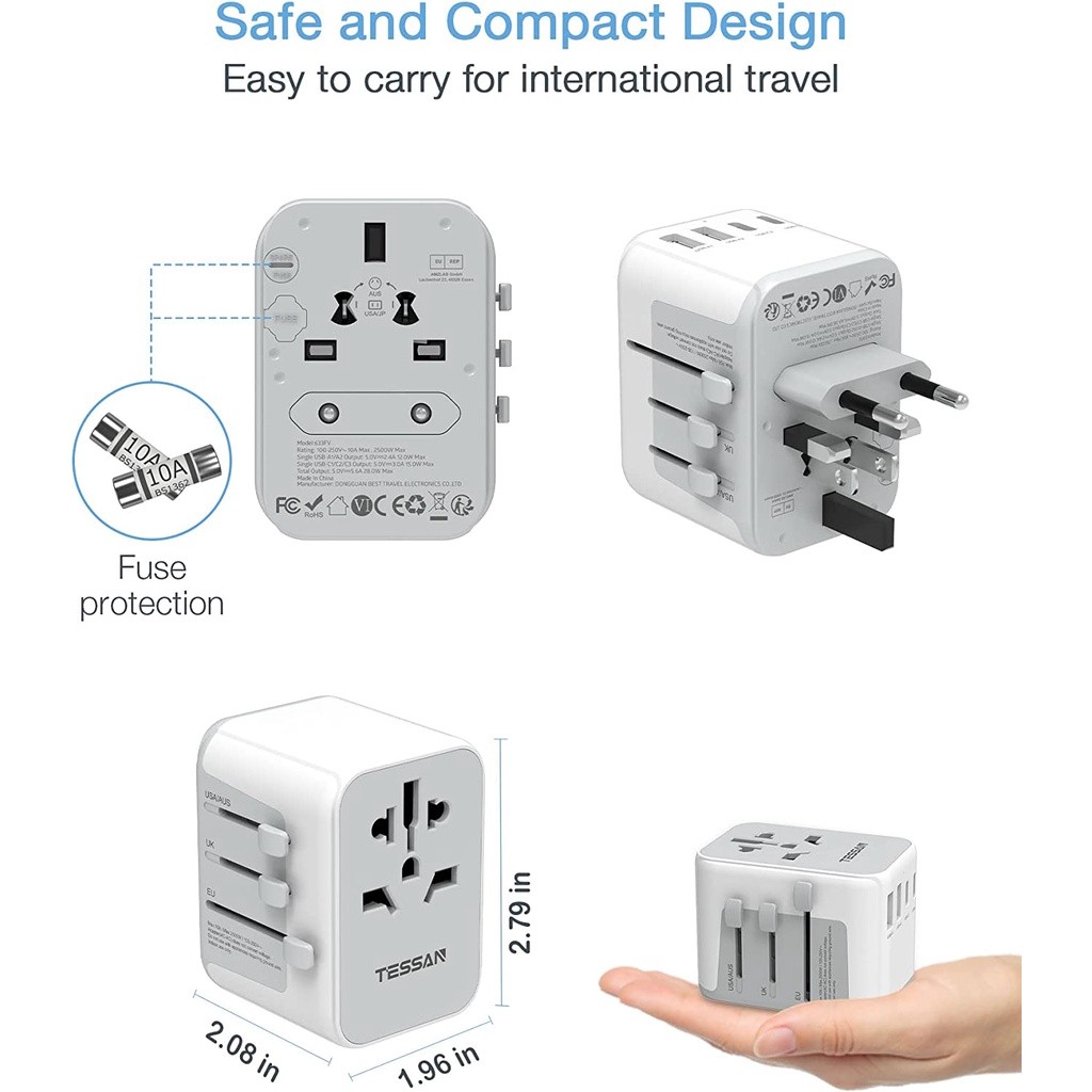 TESSAN Universal Travel Adapter International Plug Adaptor 5.6A Smart ...