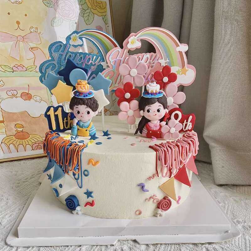 Twin Cake Birthday Decoration Figurines Soft Clay Little Boy Girl ...
