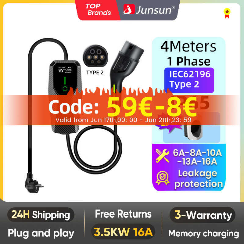 Junsun EV Type 2 Electric Vehicle Wallbox 7Kw 32A 5Meters Portable ...