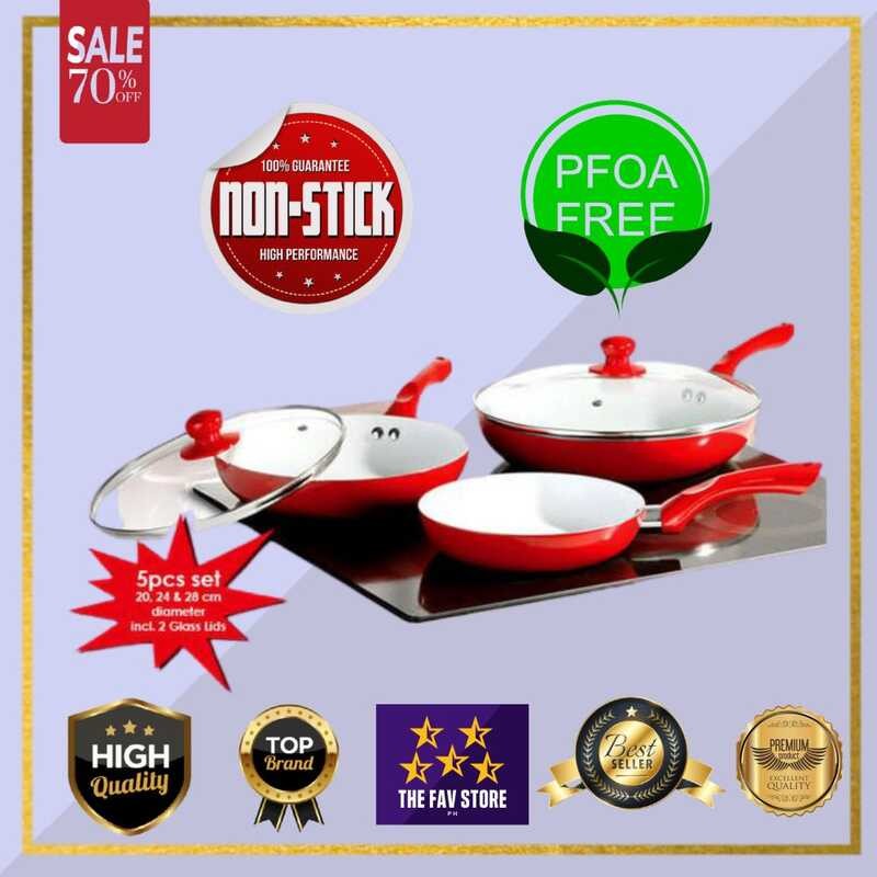 AUTHENTIC Ceramic Stone Frying Pan (Red) Set Of 5 WITH 2 PIECES GLASS ...