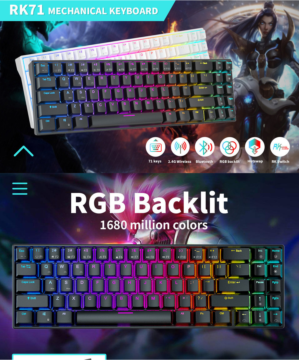 Royal Kludge RK71 Bluetooth 5.0 USB C Dual Mode 60% 71 key RGB Backlit ...