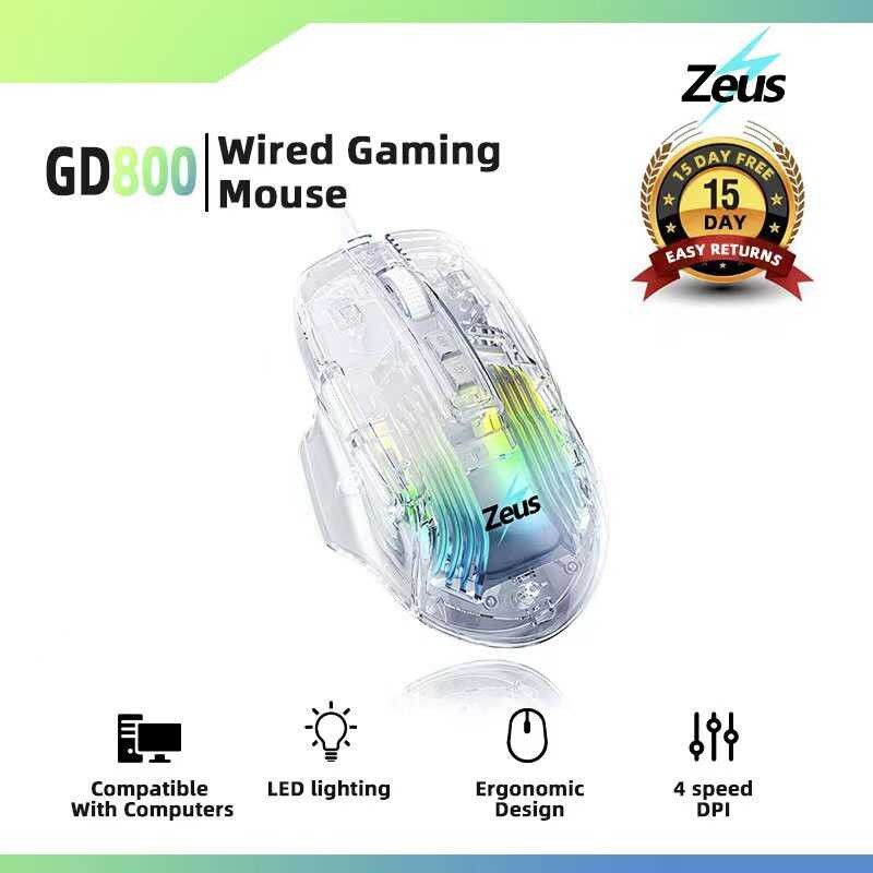 Zeus transparent wired gaming mouse has 4-level DPI RGB and multiple ...