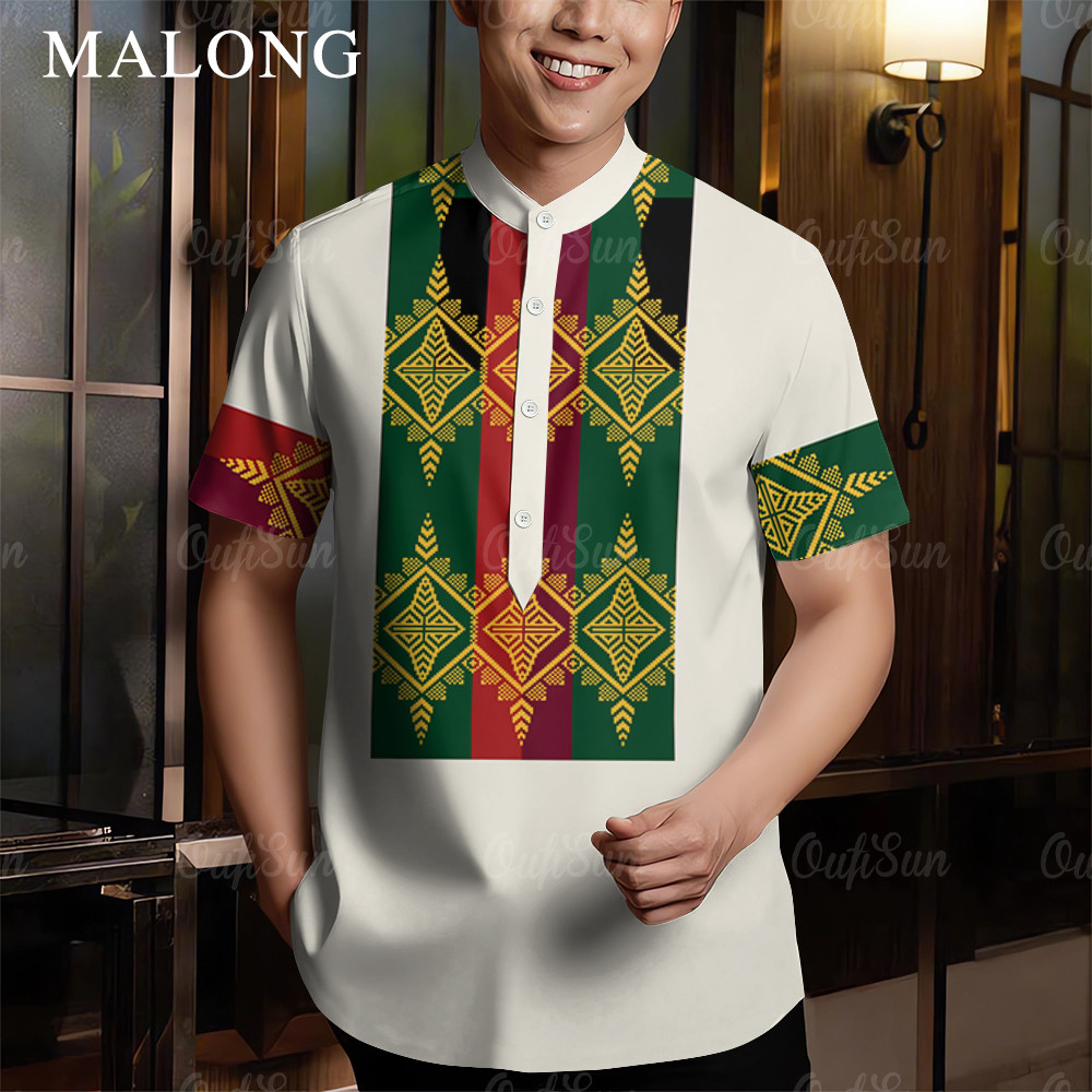 Men's Malong Design Short - Sleeve Ethnic Shirt Stand - Up Collar ...