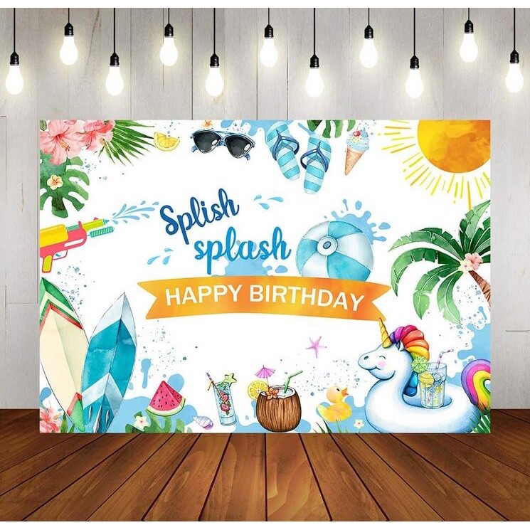 5x3ft Watercolor Summer Birthday Backdrop Splish Splash Pool Party ...