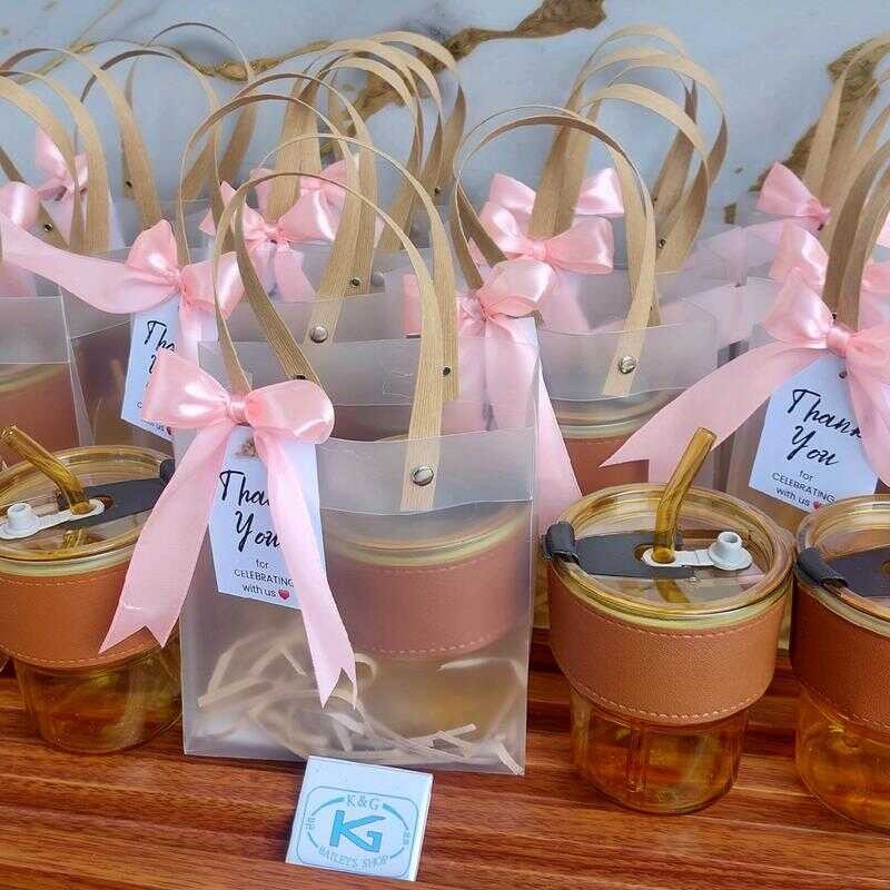 Souvenir Set Plain With PVC Bag&Ribbon Glass Straw Cup Coffee Mug Lid ...