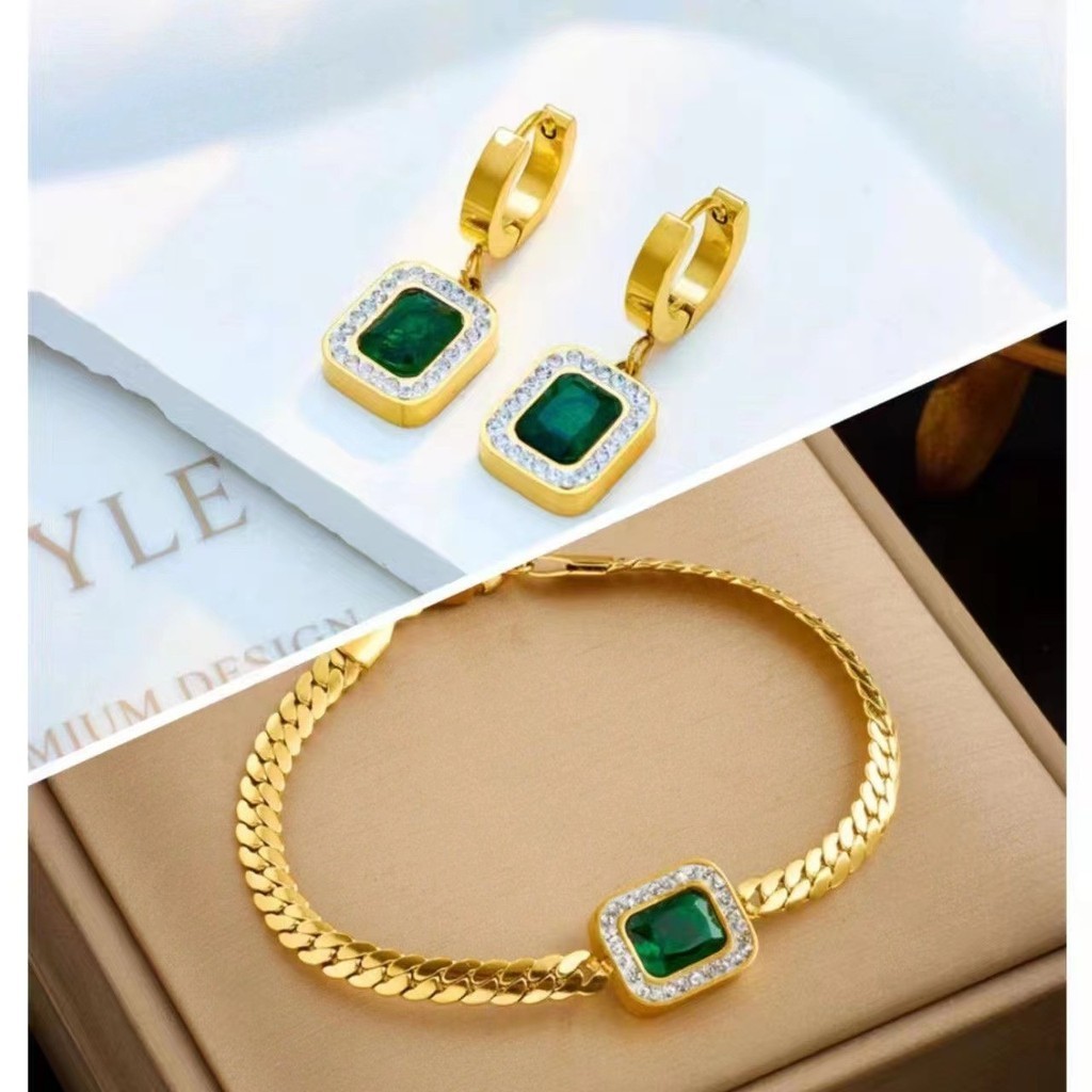 Fashion Zircon Green Geometry Jewelry Sets Sugar Cube Diamond Necklace ...