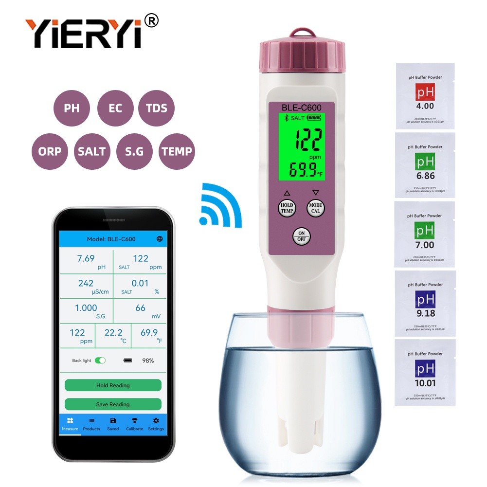 Yieryi Portable Bluetooth Digital PH Meter 7-in-1 PH EC TDS Salinity S ...