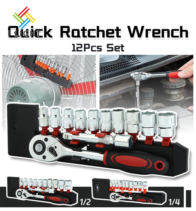 (Fast&COD) 12Pcs Quick Ratchet Wrench CR-V 1/4,1/2 Socket Kits Mechanic ...