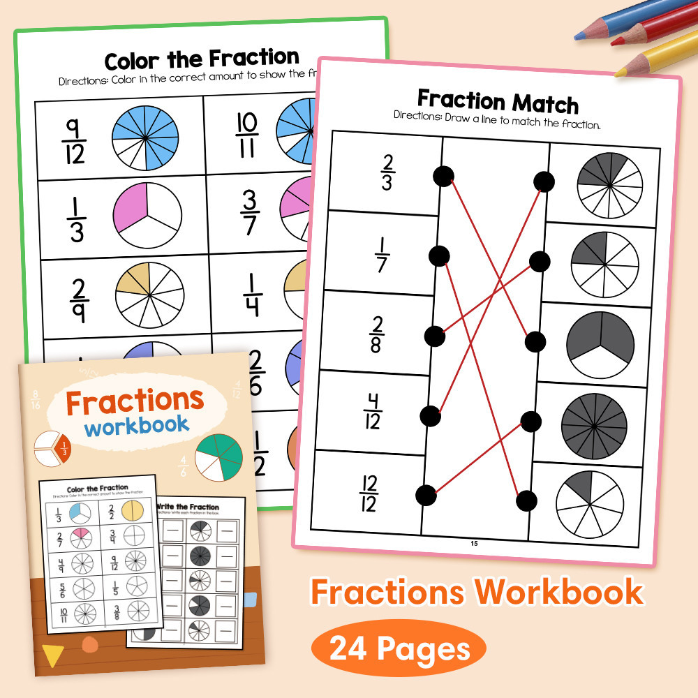 24 Pages Fractions Workbook Kid Daily Practice Math Fraction Exercise ...