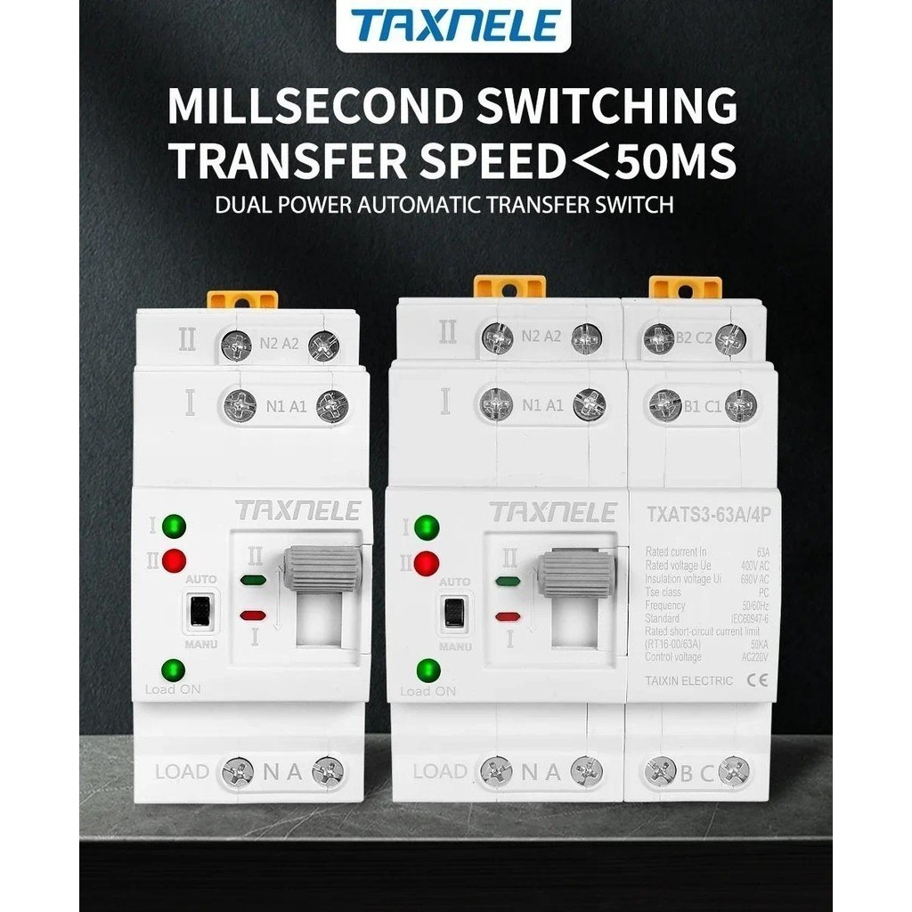 Taxnele Din Rail 2P 4P ATS Dual Power Automatic Transfer Switch Electrical Selector Switches 63A ...