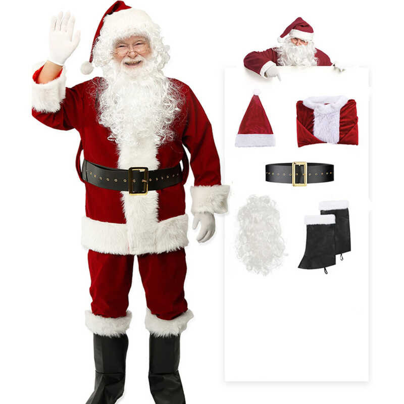 Santa Christmas Claus Cosplay Costume Full Sets Red White Uniform For ...