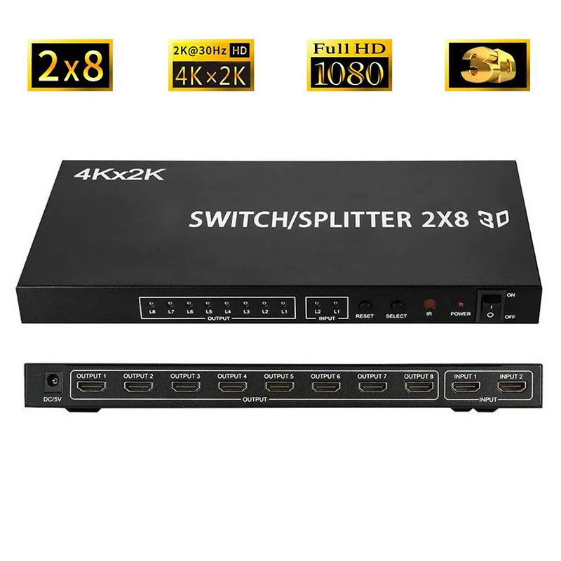 4K HDMI-compatible Swithch Splitter 2 in 8 out 2x8 Video Splitter 1 to ...