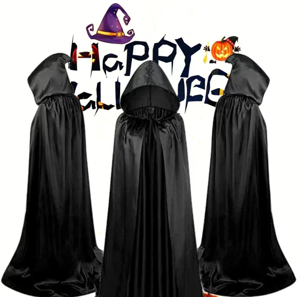 90/120/140cm Halloween Cloak Black Hooded Reaper Cloak Witch Devil ...
