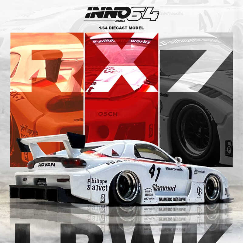 INNO 1:64 ★ Rx7 Fd3s Lb-Super SILHOUETTE LBWK Black #41 White Alloy Car ...