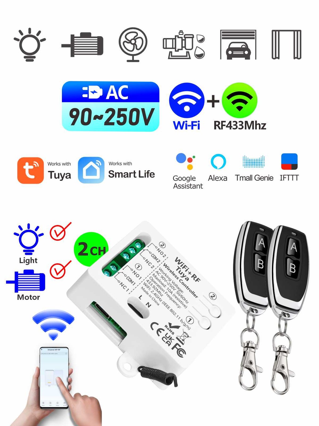 2 Channel Tuya WiFi Smart Switch,Wireless Switch,2 way AC 110V 220V ...