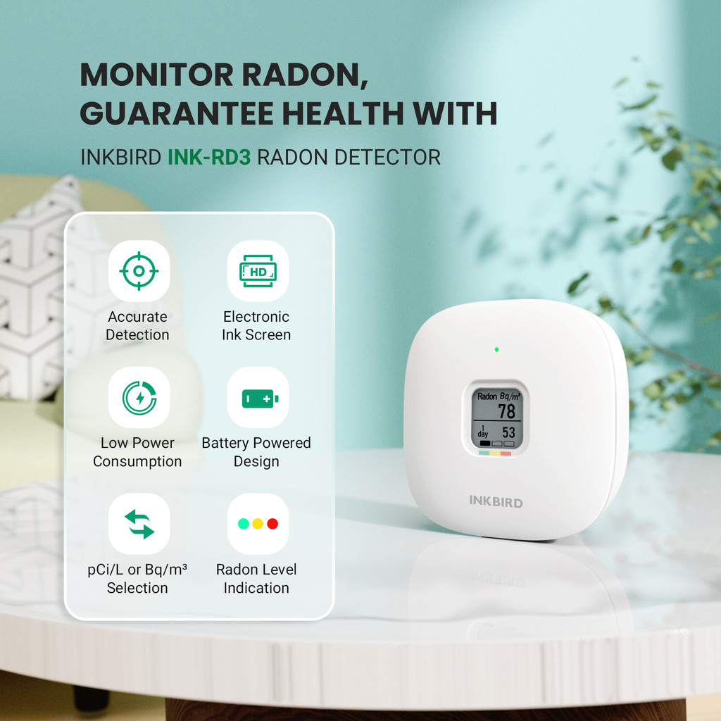INKBIRD INK-RD3 Smart Home Radon Detector LED Light and Alert Alarmwith ...