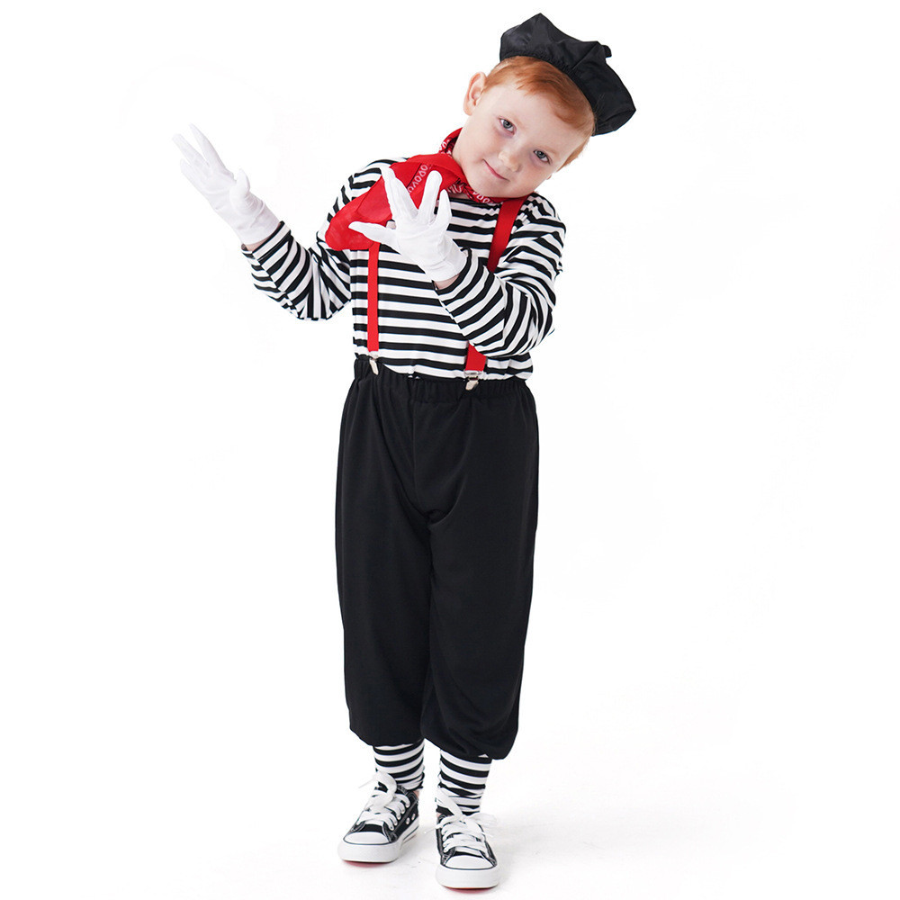 Kids Silent Actor Mime Artist Costume Black White French Mimic Clown ...