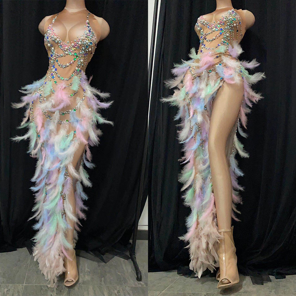 Sparkly Print Feather Long Dress Drag Queen Costume Prom Birthday ...