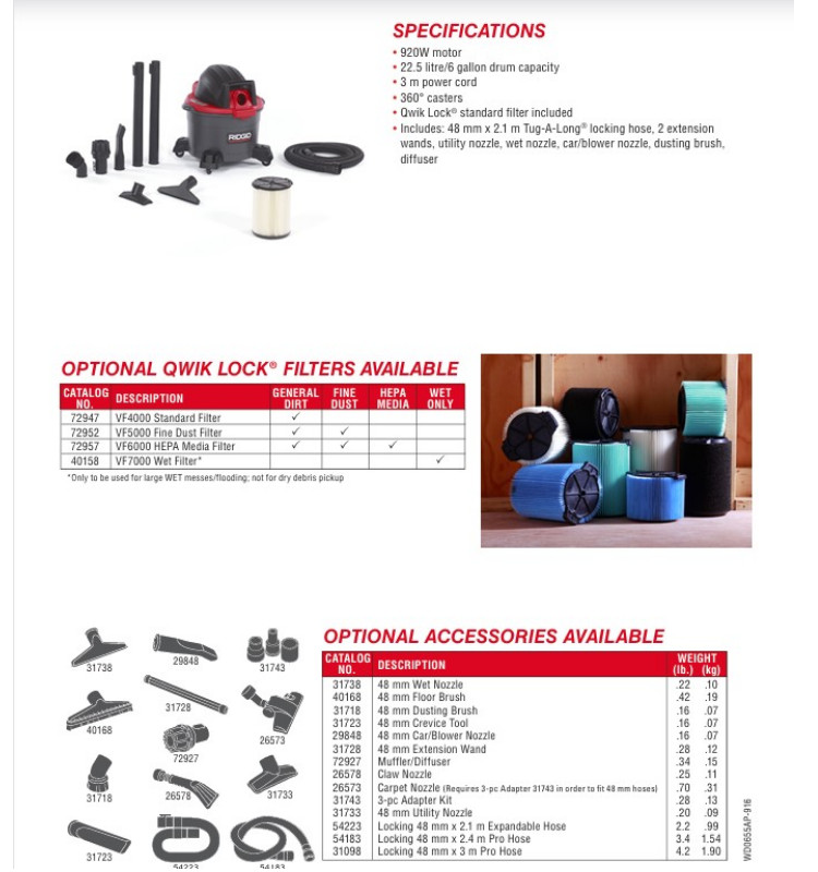 RIDGID 6 Gallon Wet Dry Vacuum 22.5L Drum 920 Watt Motor 3m Power Cord ...
