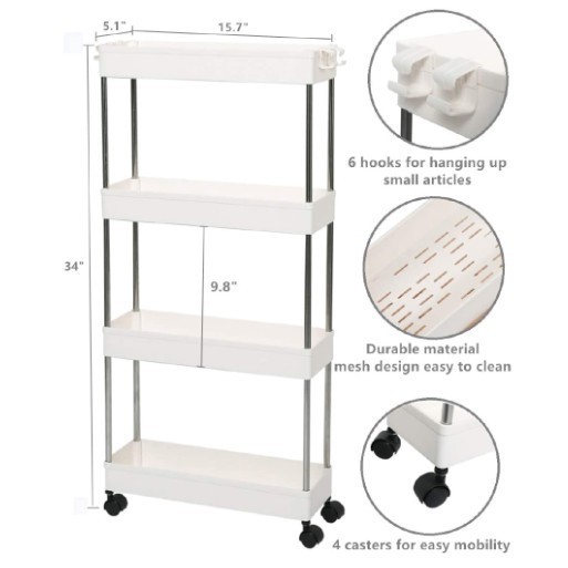* 4 Tier Kitchen Storage Rack Slim Slide Tower Movable Assemble Plastic ...
