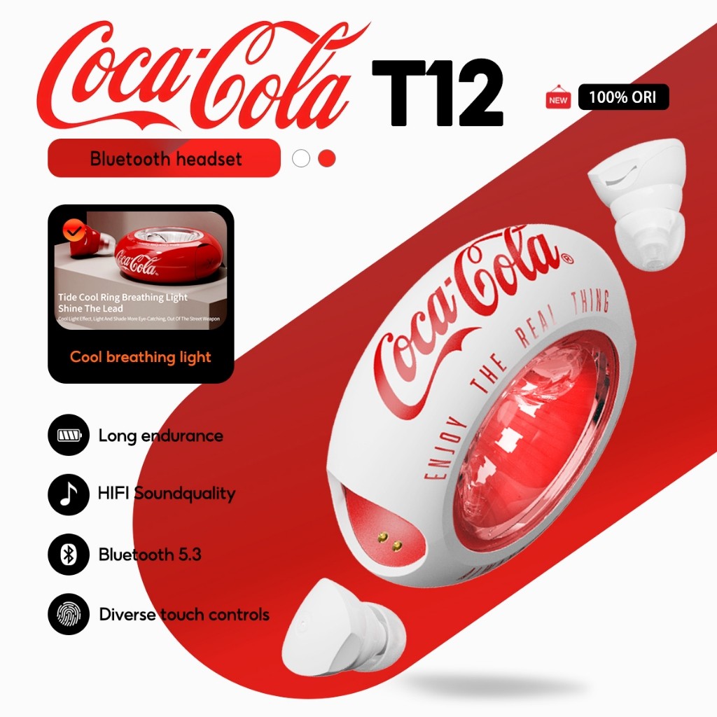 Coca-Cola T12 Doughnut Design In-Ear Bluetooth 5.3 Earbuds Headset Long ...