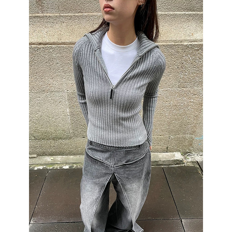 79526 Half-Open Collar Stand-Up Collar Pit Strip Slim-Fit Knit Sweater ...