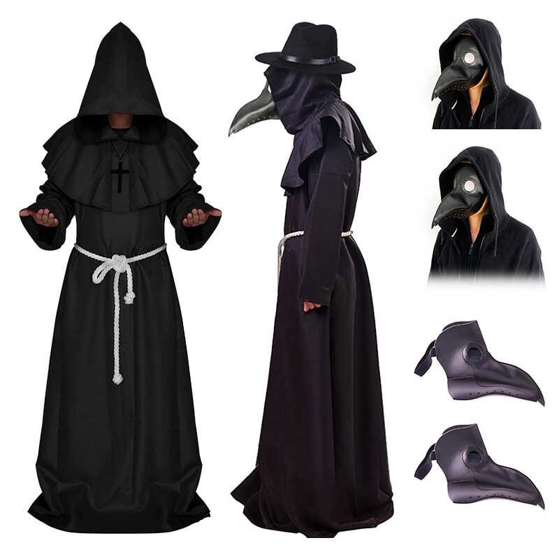 Hooded Halloween Medieval Robe Plague Doctor Costume Hat For Men Monk ...