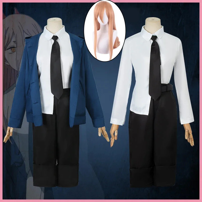 § Power Cosplay Costume Chainsaw Man Outfits Blue Suit Shirt Tie Short ...