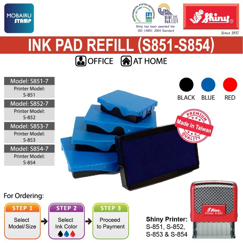 Ink Pad/Cartridges Refill for Self Inking Stamps - Shiny Printer S-851 to S-854 (Black, Blue ...