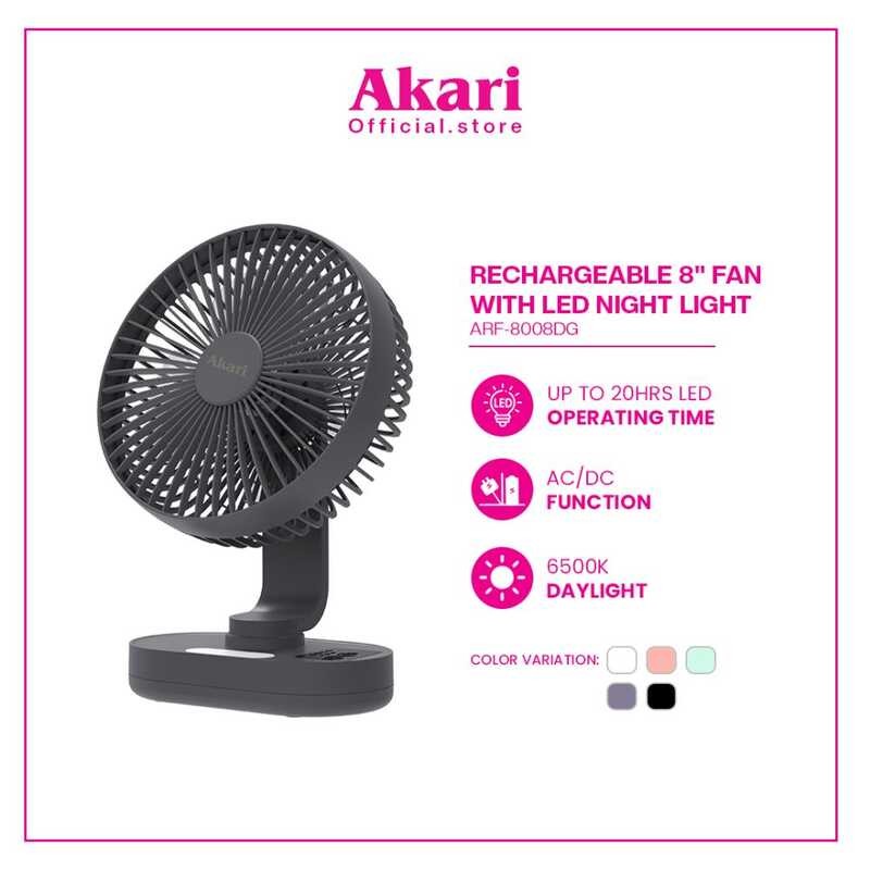Akari 8” Rechargeable Fan With LED Night Light Function - Arf-8008 ...