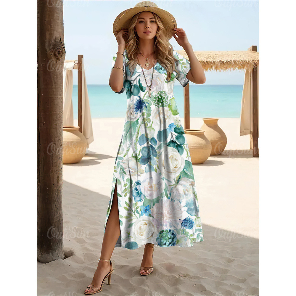Women's Hawaiian Long Dress Watercolor Coconut Print v-Neck Slit Dress ...