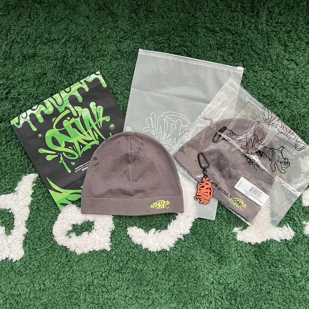 Syna Synaworld Face Mask Beanie Hat Gray And Yellow Jacquard Headgear ...