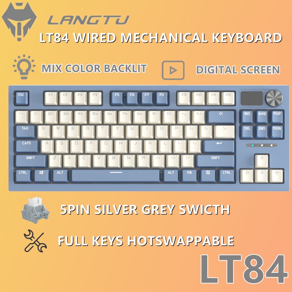 LANGTU LT84 Wired Mechanical Keyboard Grey Linear Switch With Screen RGB Backlit With Knob ...