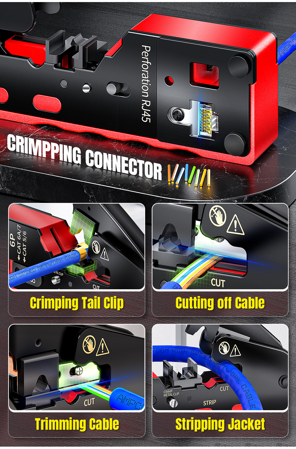 AMPCOM Cat 7 Network Crimping Tool CRIMP/CUT/TRIM/STRIP 4-IN-1 Works ...