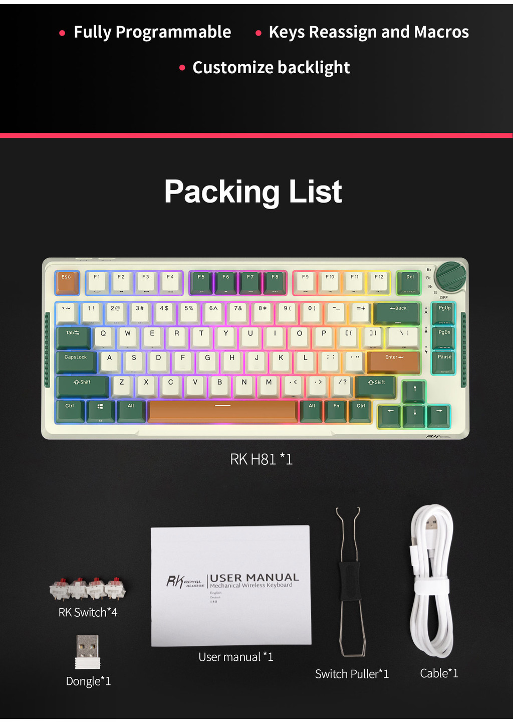 RK H81 Time Machine Color Matching Royal Kludge 81 Key Three Mode ...